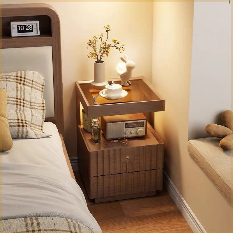 Traditional Chinese Solid Wood Glass Striped Square Nightstand With 2- – BulbSquare