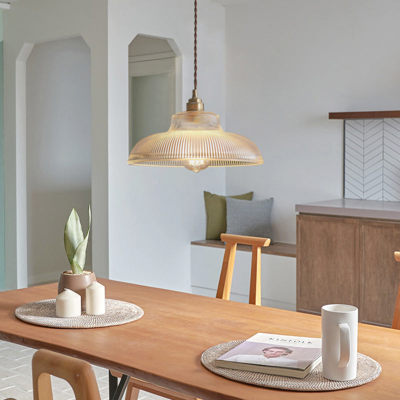 Traditional Vintage Ribbed Glass Disc Shade Brass 1-Light Pendant For ...