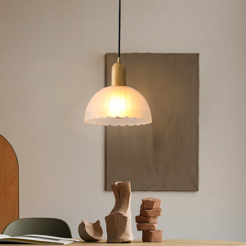 Traditional Japanese Wood Brass Glass Hemispheroid Flower 1-Light Pend ...