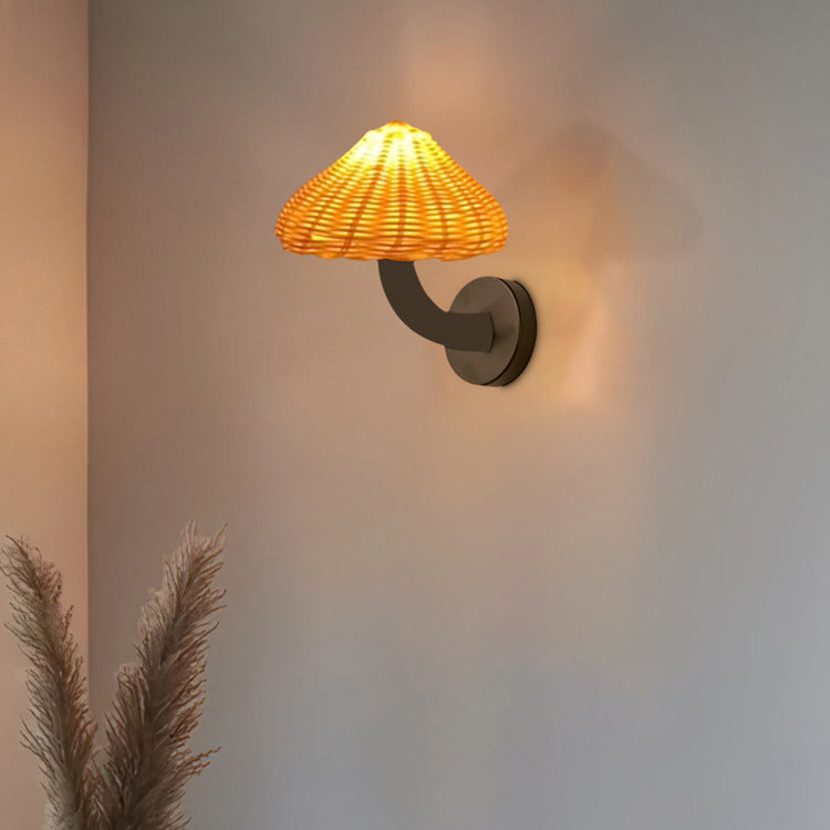 Traditional Japanese Rattan Iron Mushroom Shape 1-Light Wall Sconce La ...