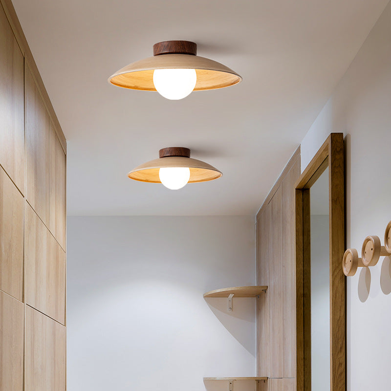 Traditional Japanese Woodgrain Disc Glass Shade 1-Light Semi-Flush Mou ...