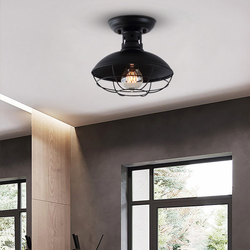 Contemporary Industrial Round Wire Mesh Iron 1-Light Semi-Flush Mount ...
