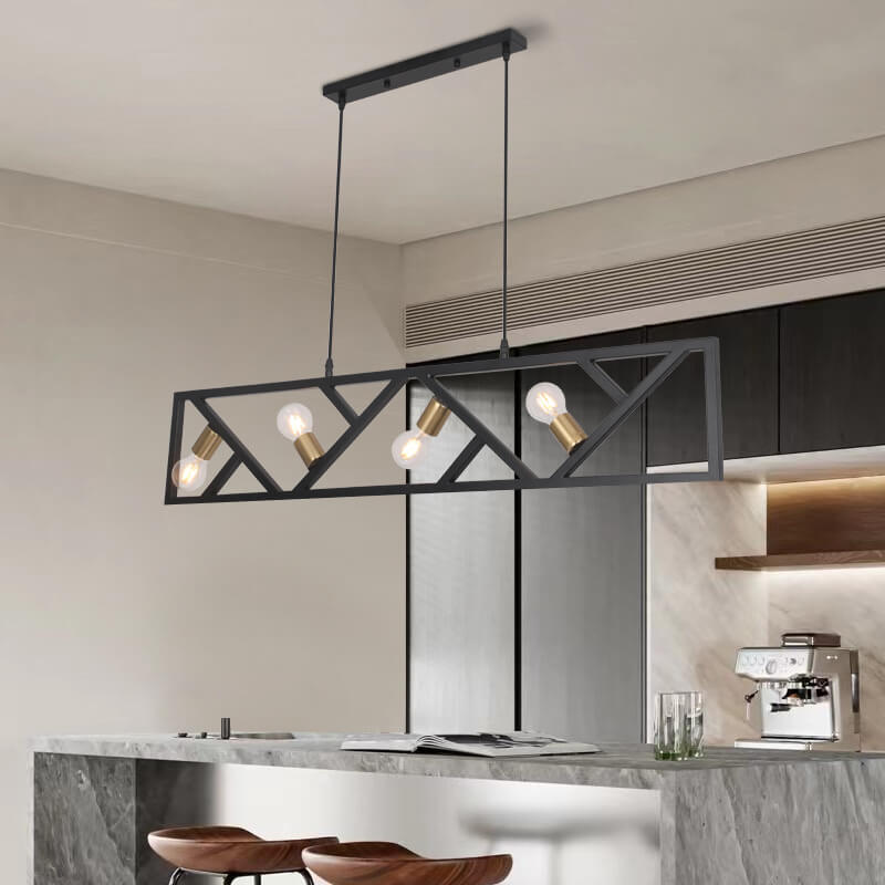 Industrial Vintage Iron Rectangular Frame Glass Shade 4-Light Island L ...