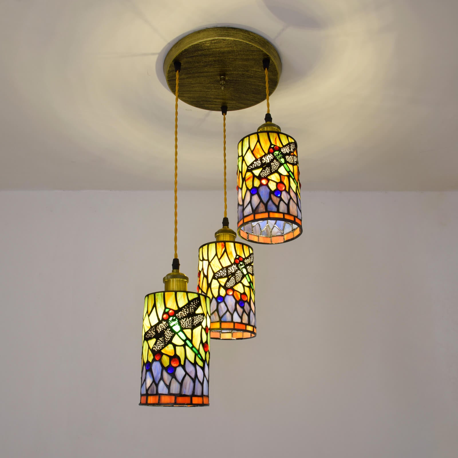 Traditional Tiffany Cylinder Iron Stained Glass 3-Light Chandelier For ...