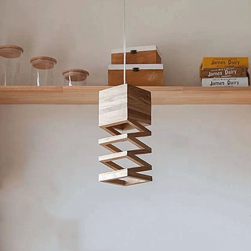 Traditional Japanese Wooden Spring Cube Shade 1-Light Pendant Light Fo ...