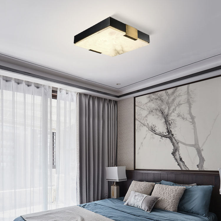 Traditional Chinese Square Marble Shade Brass Frame LED Flush Mount Ce ...
