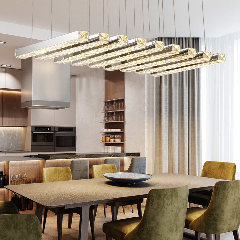 Modern Minimalist Long Square Crystal Stainless Steel LED Light Chande ...