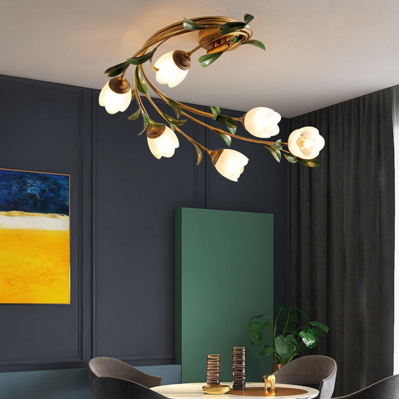 Traditional French Floral Iron Glass 6-Light Flush Mount Ceiling Light ...