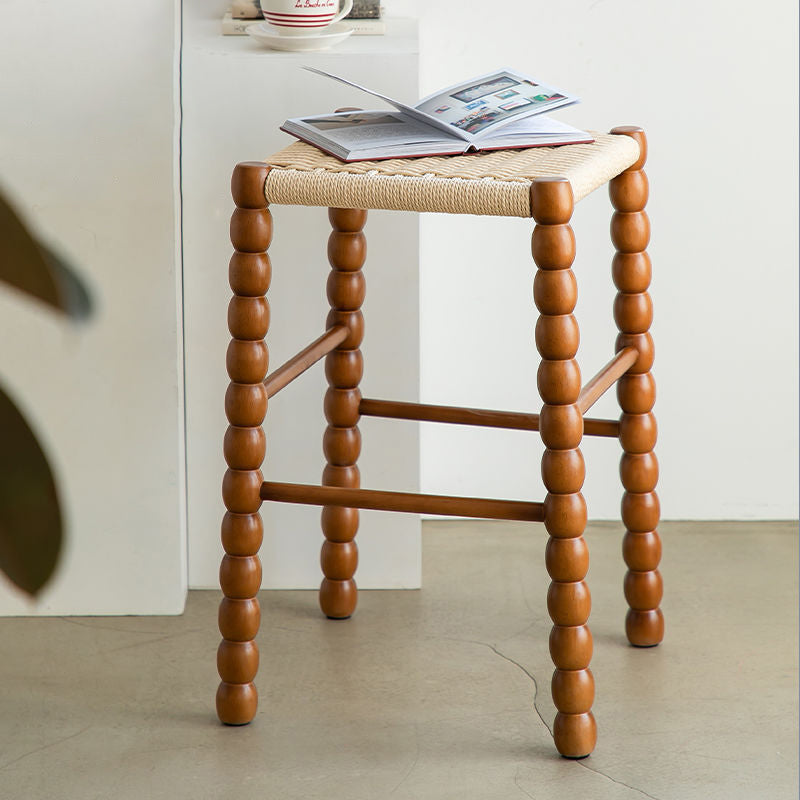 Traditional Vintage Square Woven Gourd Wooden Bar Stool Backless Footr ...