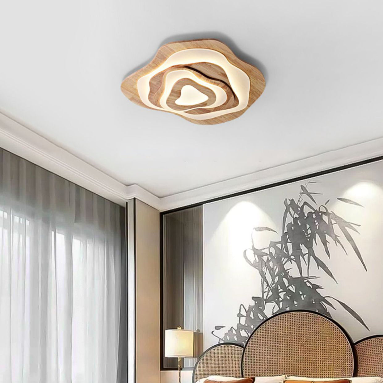 Traditional Chinese Zen Wood Grain Wavy Design LED Flush Mount Ceiling ...