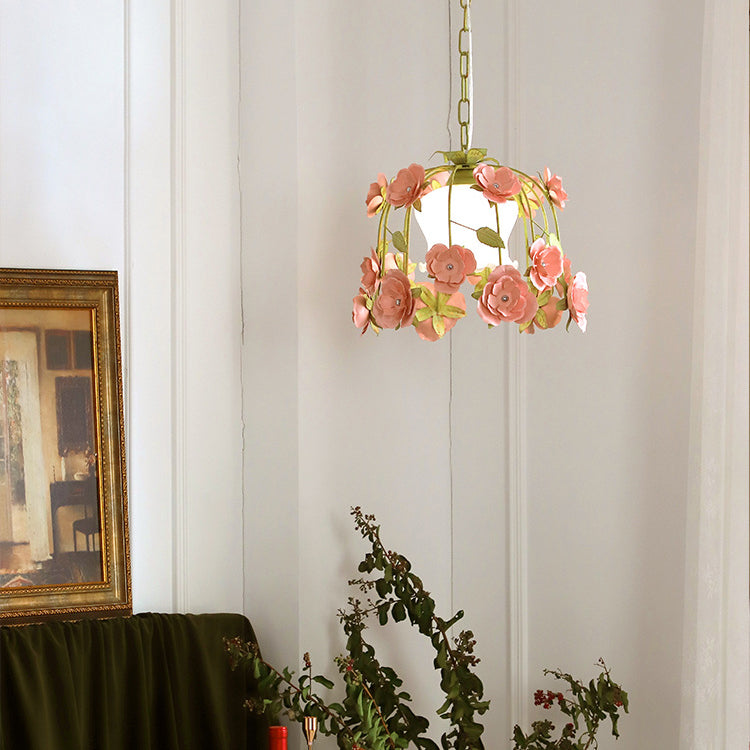 Modern Art Deco Rose Round Iron Glass 1-Light Pendant Light For Bedroo ...