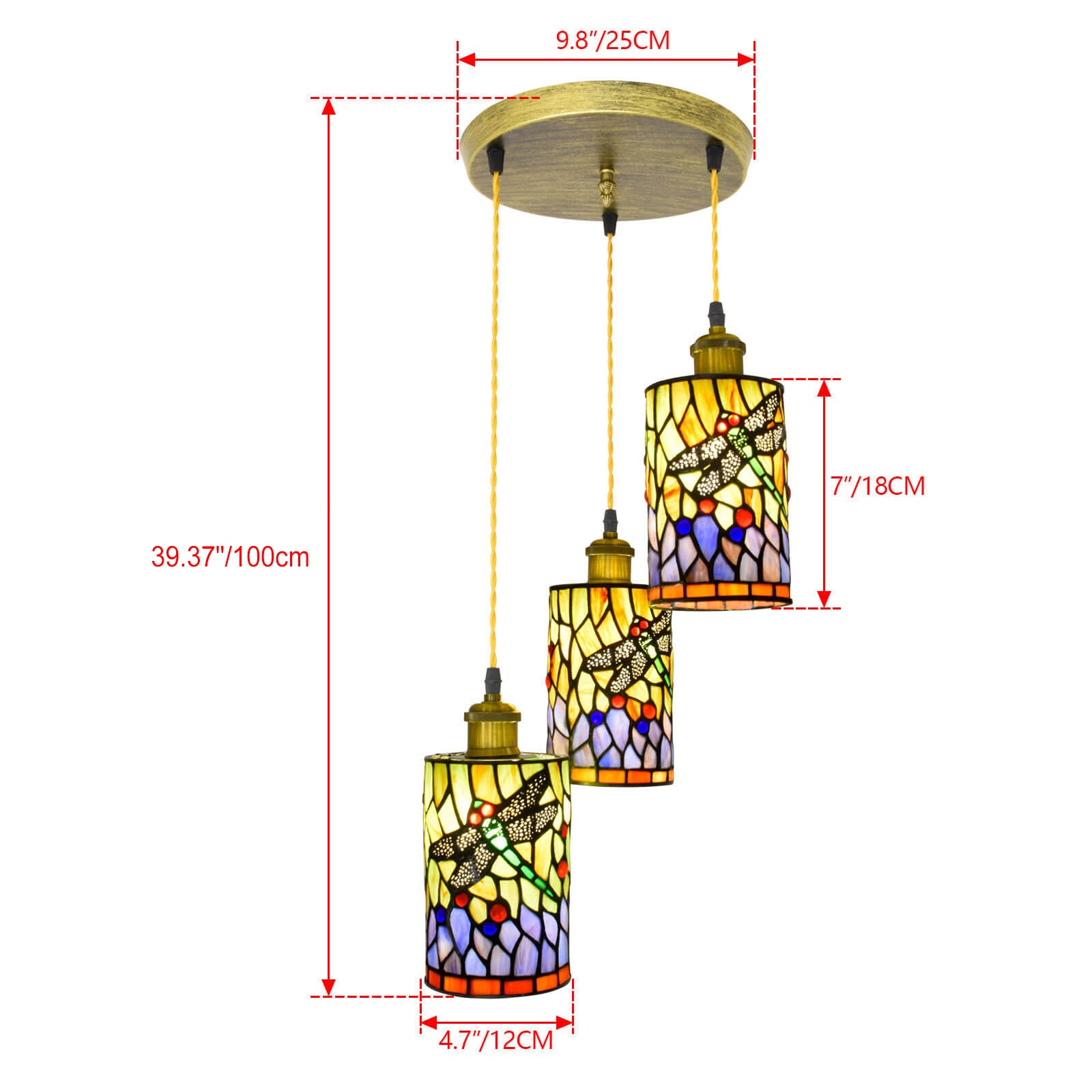 Traditional Tiffany Cylinder Iron Stained Glass 3-Light Chandelier For ...