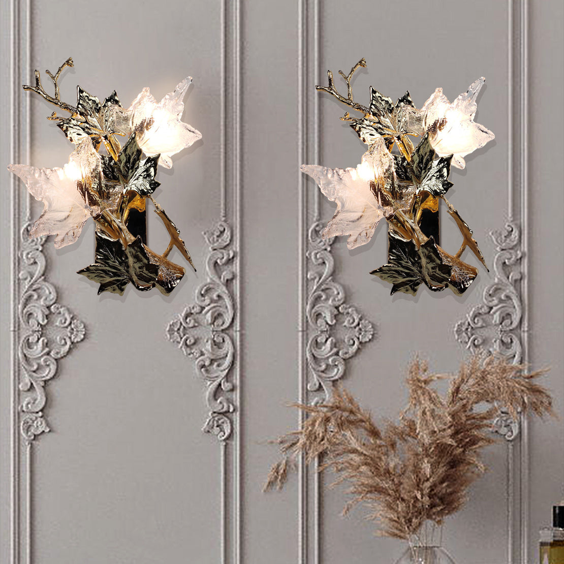 Modern Luxury Copper Colored Glass Maple Leaf Branch 2-Light Wall Scon ...
