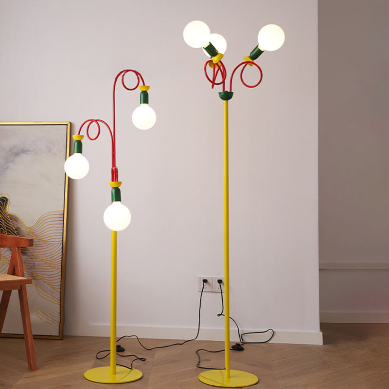 Contemporary Retro Curved Pole Round Ball Fruit Iron Glass 3-Light Sta ...