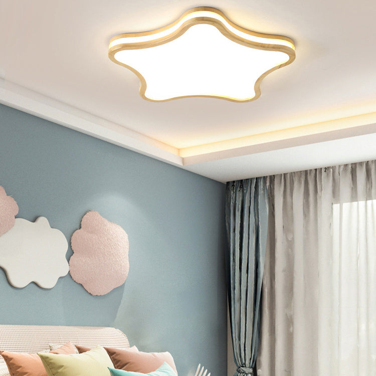 Contemporary Nordic Kids Rubber Wood Glass Star Cloud Moon LED Flush M ...