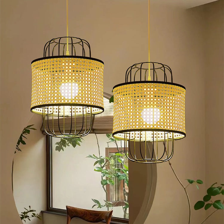 Contemporary Boho Cylinder Plastic Rattan Weaving Iron 1 - Light Penda ...