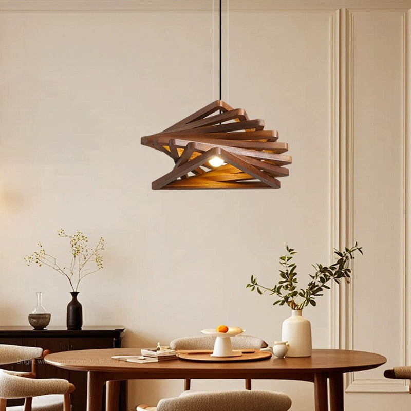 Traditional Japanese Dome Stacked Triangles Oak Iron 1 - Light Pendant ...