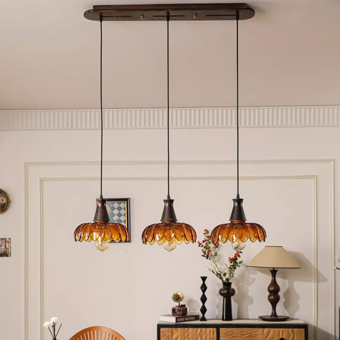 Traditional French Flower Linear Base Ash Glass 3 - Light Chandelier F ...
