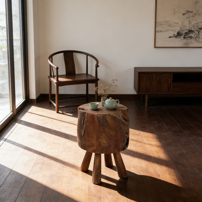 Rustic Round Solid Wood Stool - Vintage Hand-Carved Side Table: Heavy ...