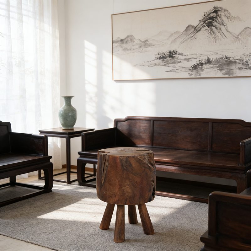 Rustic Round Solid Wood Stool - Vintage Hand-Carved Side Table: Heavy ...