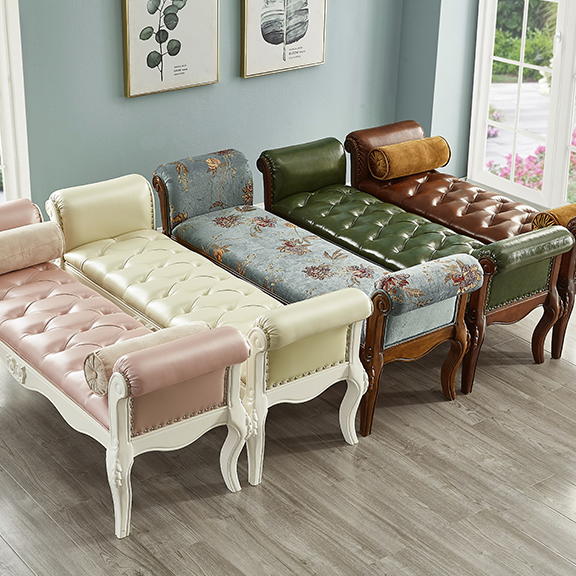 Traditional European Fabric Leather & Solid Wood Rectangular Shoe Benc ...