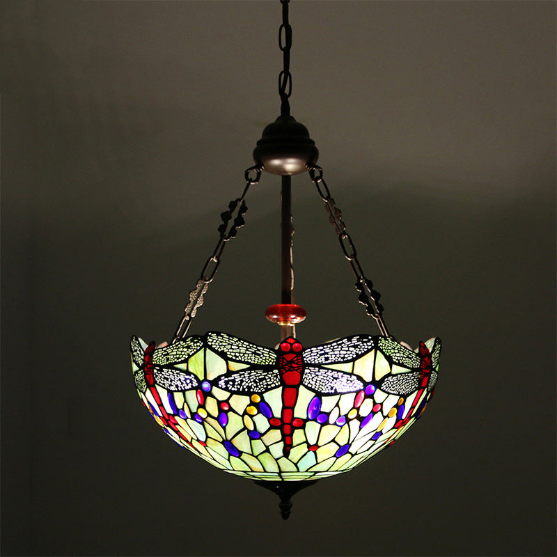 Traditional Tiffany Alloy & Stained Glass Dragonfly Dome 3-Light Chand ...