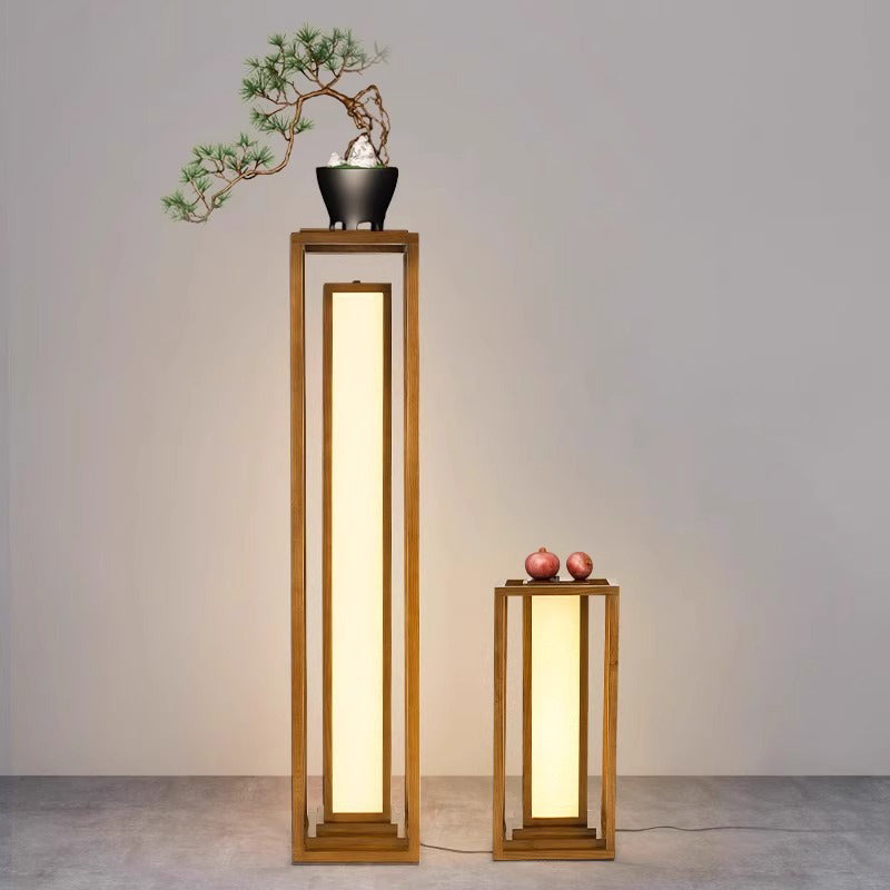 Traditional Japanese Ash Wood Fabric Cuboid LED Standing Floor Lamp Fo ...