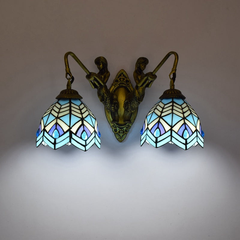 Traditional Tiffany Mediterranean Mermaid Resin Iron Stained Glass Sha ...