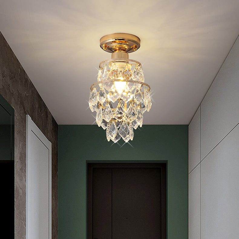 Modern Luxury Round Crystal Iron Frame 1-Light Semi-Flush Mount Ceilin ...
