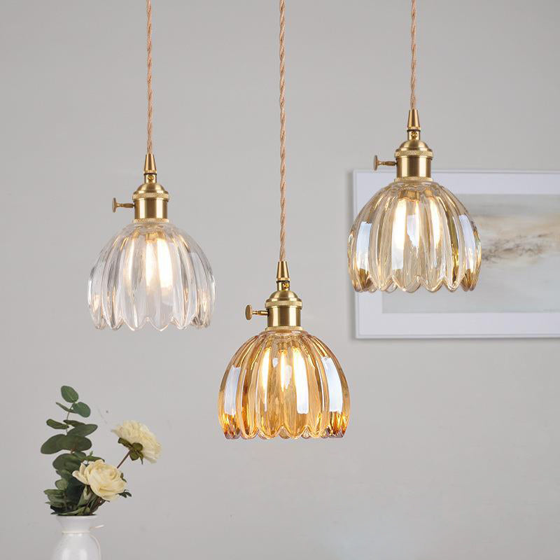 Contemporary Nordic Round Flower Glass Shade Iron Brass 1-Light Pendan ...