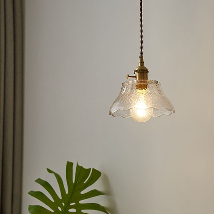 Contemporary Nordic Round Trapezoidal Wavy Edge Glass Shade Brass 1-Li ...