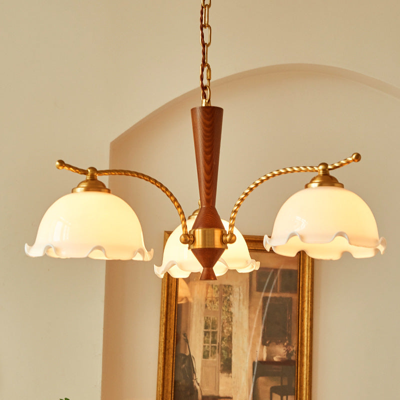 Traditional French Branch Flower Glass Shade Wooden Full Copper 3/5 Li ...