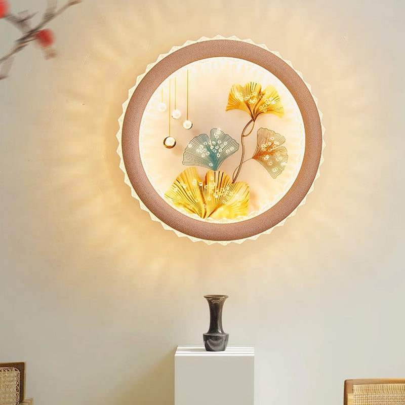 Modern Art Deco Round Fortune Deer Ginkgo Leaf Mural Iron Acrylic LED ...