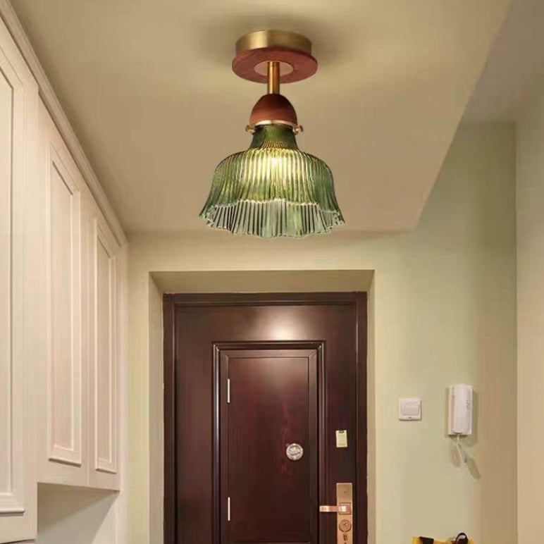 Traditional Vintage Solid Wood Vertical Grained Glass Round 1-Light Se ...