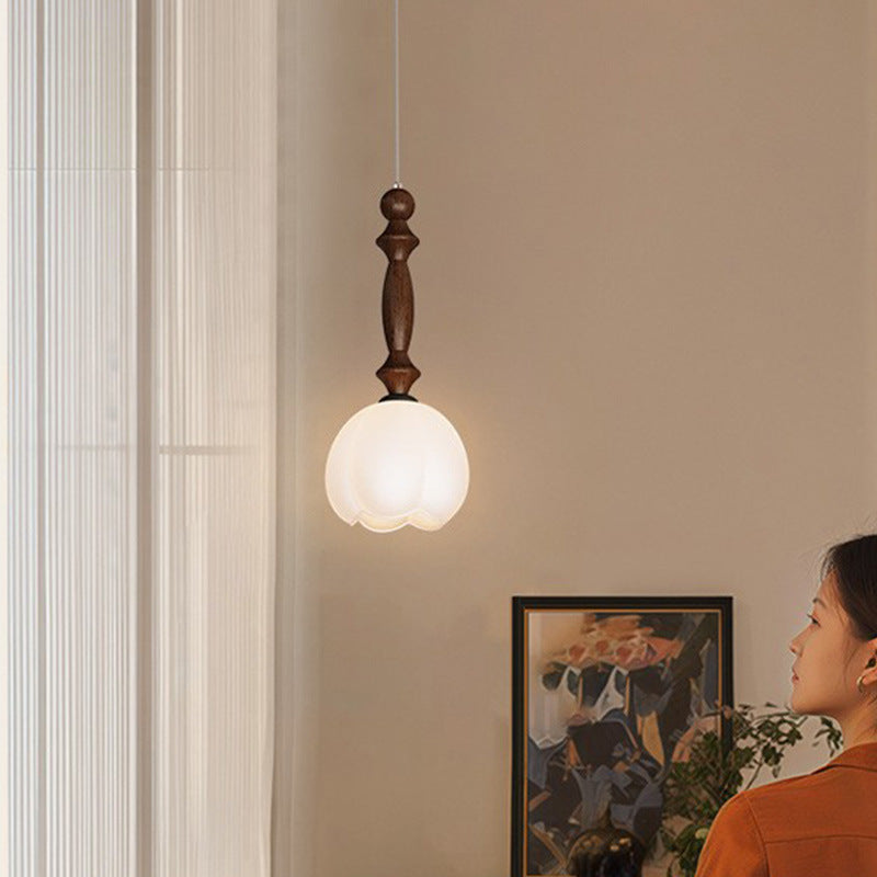 Contemporary Retro Ash Wood Flower Bud Glass Shade LED Pendant Light F ...