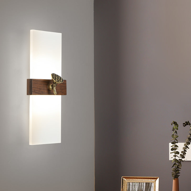 Traditional Chinese Rectangular Walnut Wood Acrylic Shade LED Wall Sco ...