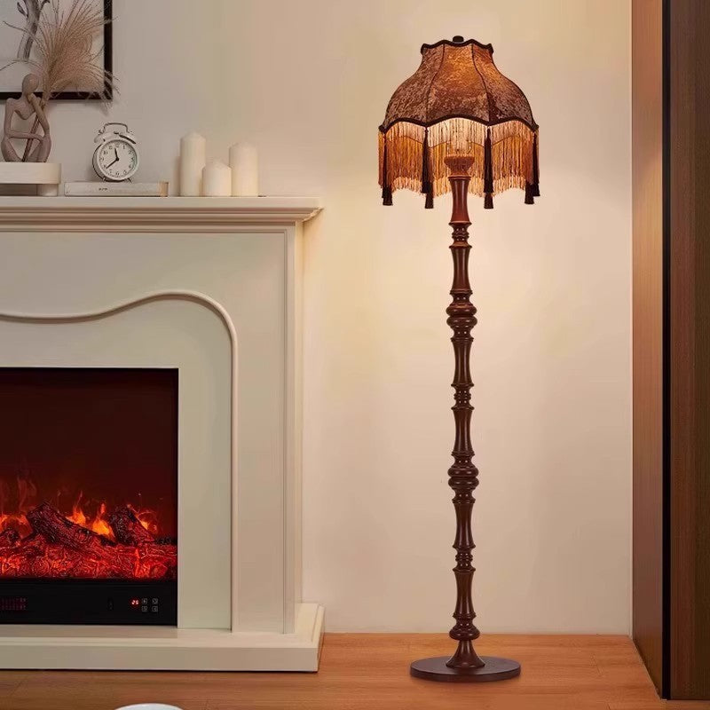 Traditional European Fabric Tassel Shade Solid Wood Rod 1-Light Standi ...