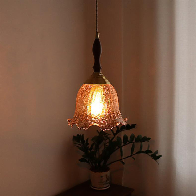 Traditional Vintage Brass Cracked Glass Flower Shade 1-Light Pendant L ...