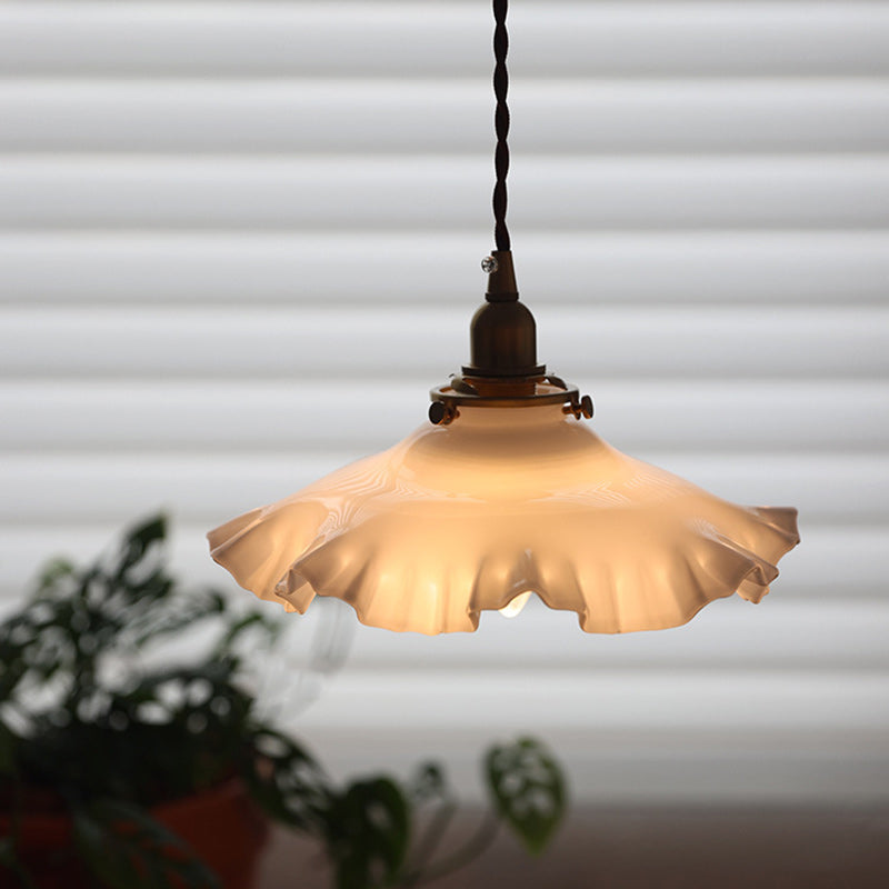 Traditional French White Jade Glass Flower Shade Brass 1-Light Pendant ...