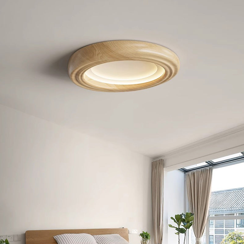 Traditional Japanese Round Iron Wood Grain ABS Shade LED Flush Mount C ...