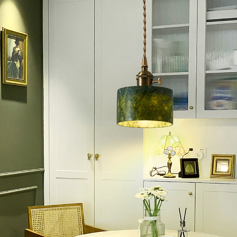 Traditional Vintage Cylinder Jade Metal Glass 1-Light Pendant Light Fo ...