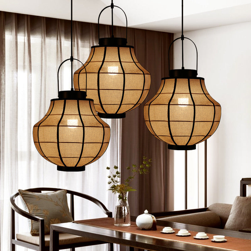 Traditional Japanese Round Sphere Carbon Steel Linen 1-Light Pendant L ...