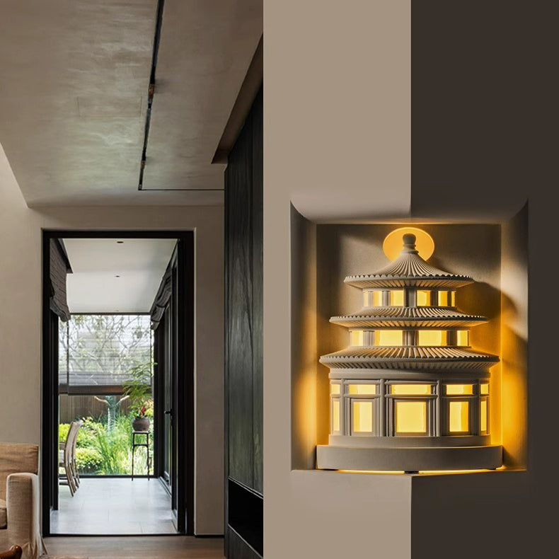 Traditional Chinese Loft Round Gypsum 1-Light Wall Sconce Lamp For Hal ...