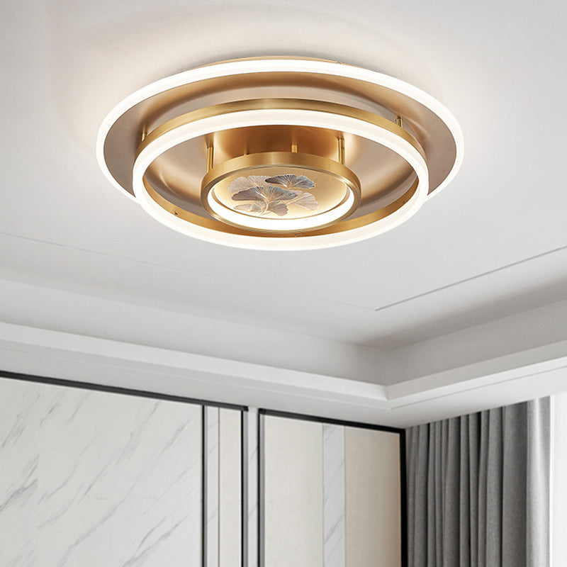 Traditional Chinese Round Brass Metal Acrylic LED Semi-Flush Mount Cei ...