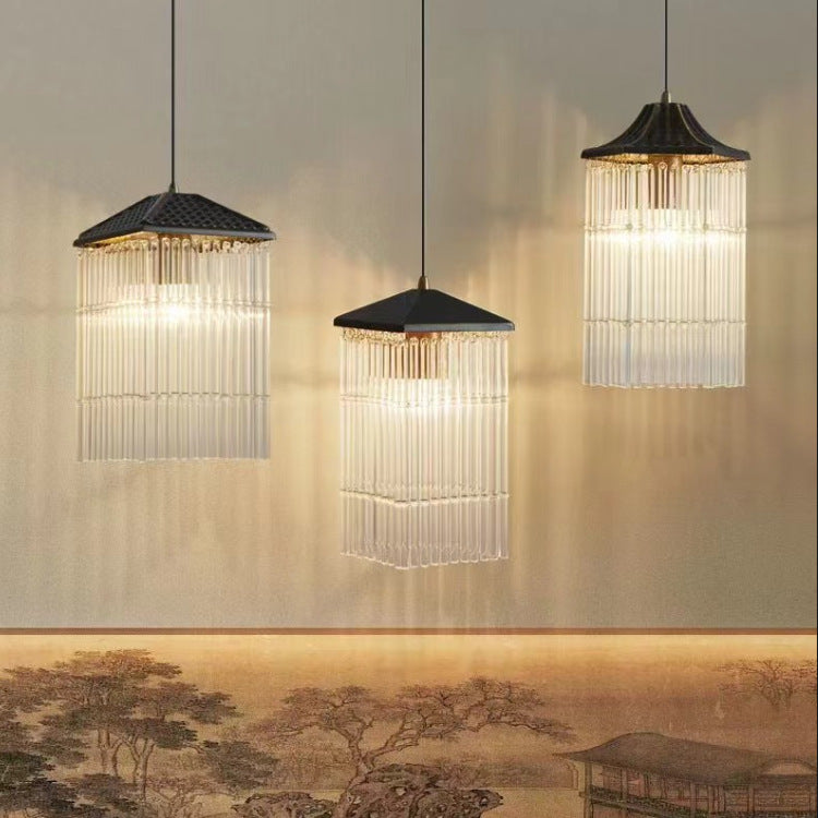 Traditional Chinese Brass Glass House Eave Bamboo Joint 1-Light Pendan ...