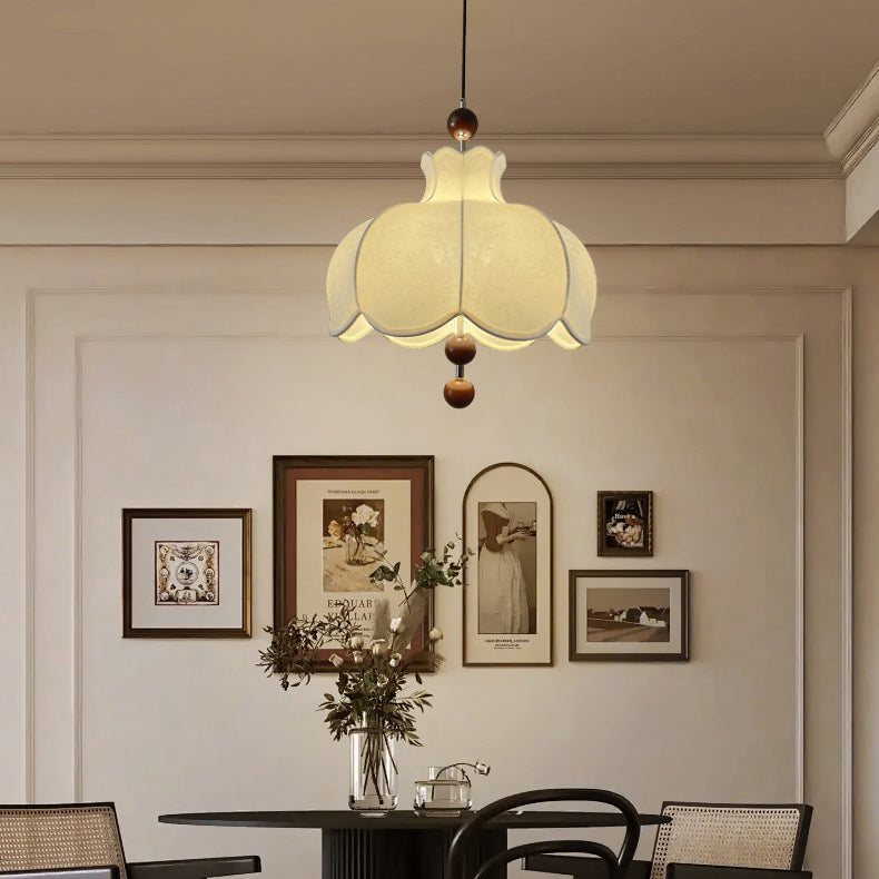 Traditional French Round Wavy Edge Fabric Shade Solid Wood 3-Light Pen ...