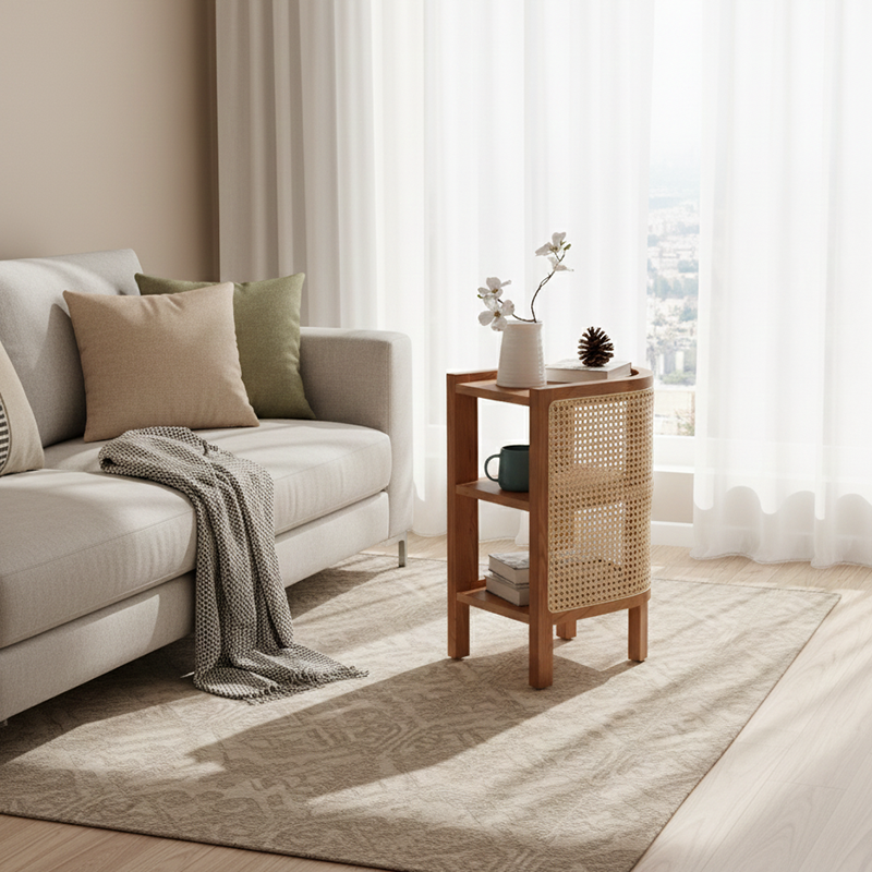 Contemporary Boho Half-Circle Shape Rattan Solid Wood Side Table 3-Tie ...