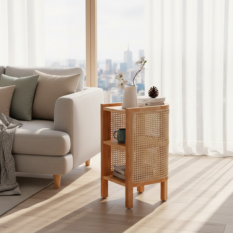 Contemporary Boho Half-Circle Shape Rattan Solid Wood Side Table 3-Tie ...