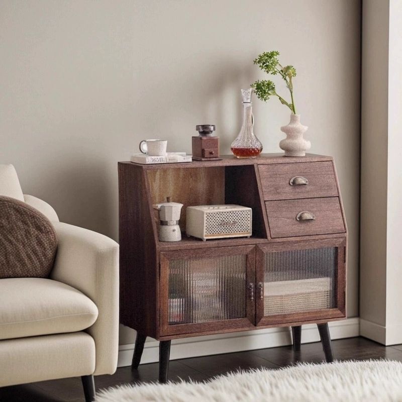 Traditional Vintage Rectangular Solid Wood Glass Storage Cabinet 2-Dra ...