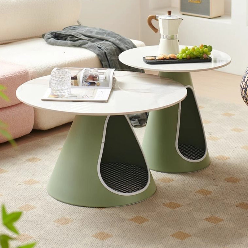 Modern Minimalist Round Stone Slab Iron Coffee Table 2-Tier For Living ...